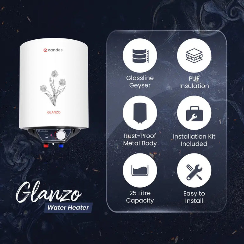 Candes Glanzo GlassLine 25L Storage Geyser | Glass-Lined Tank | 2000W ...